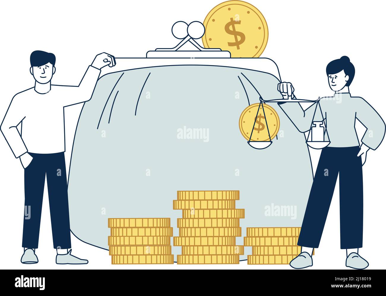 People measuring money weight. Golden coins storing in purse Stock ...