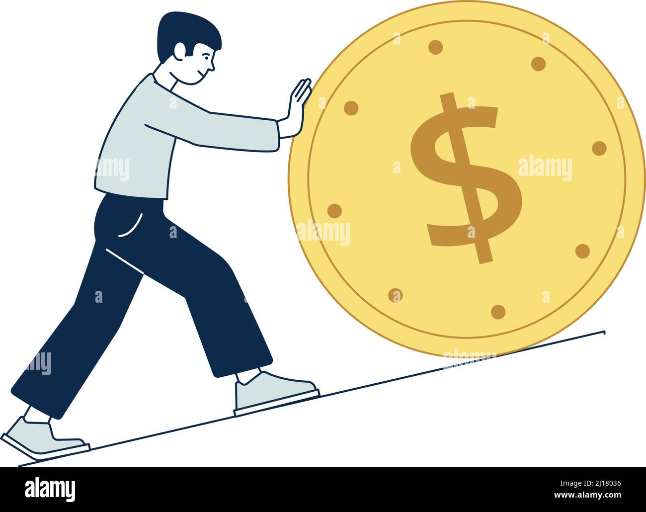 Man rolling giant coin. Money earning work Stock Vector Image & Art - Alamy