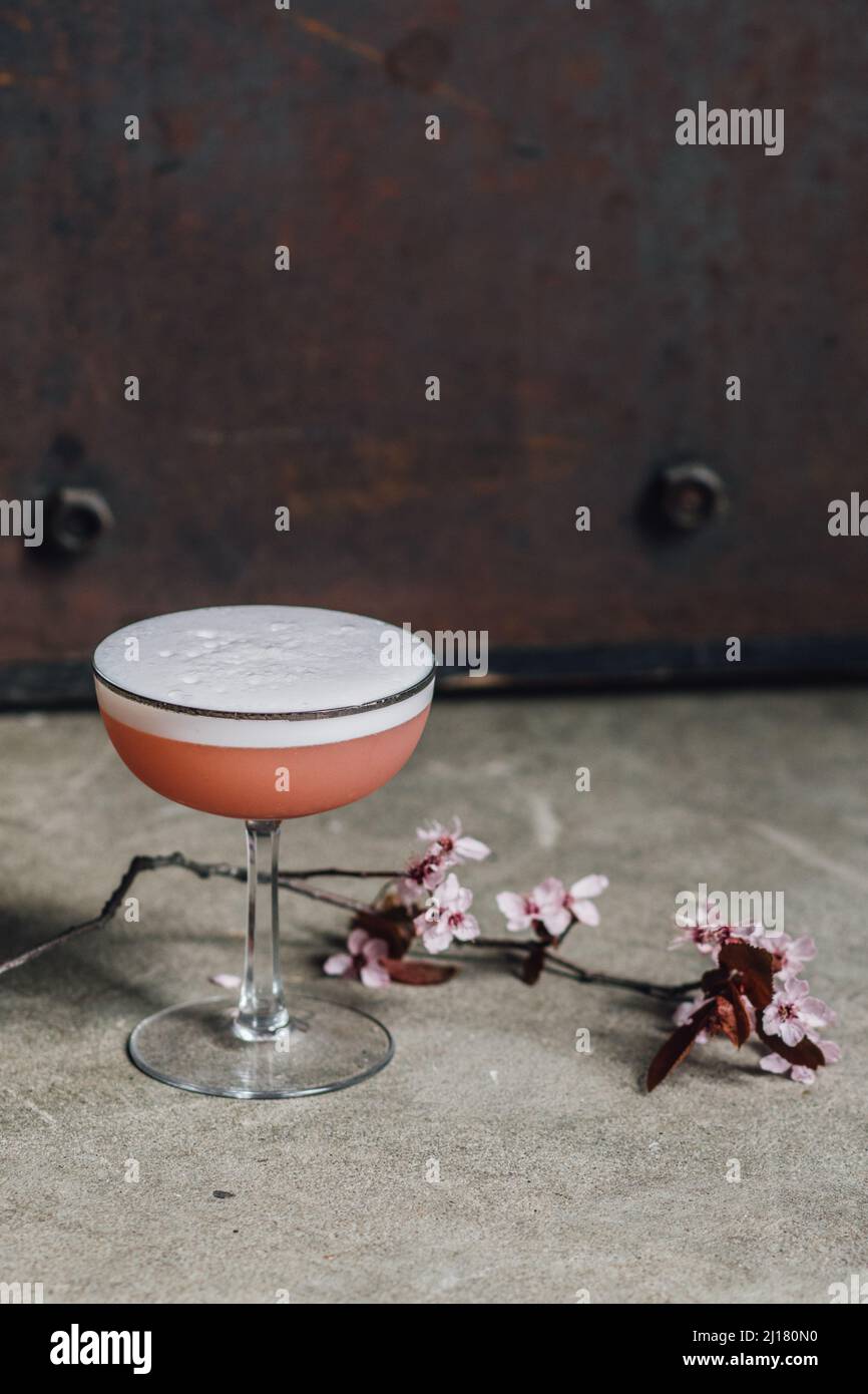 Pink cherry blossom gin flip egg white cocktail still life Stock Photo ...