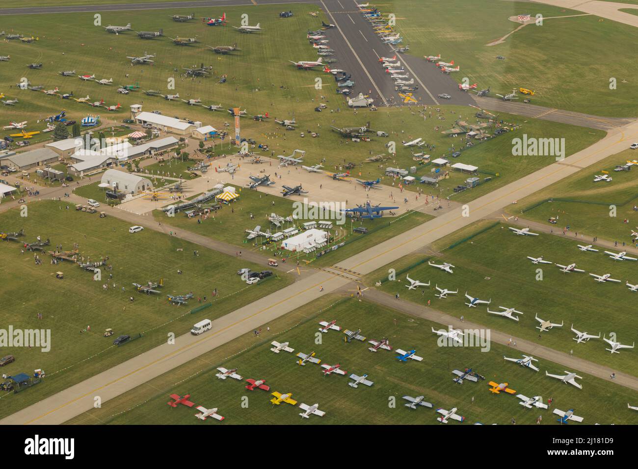An aerial view of EAA Airventure grounds with planes and tents Stock ...