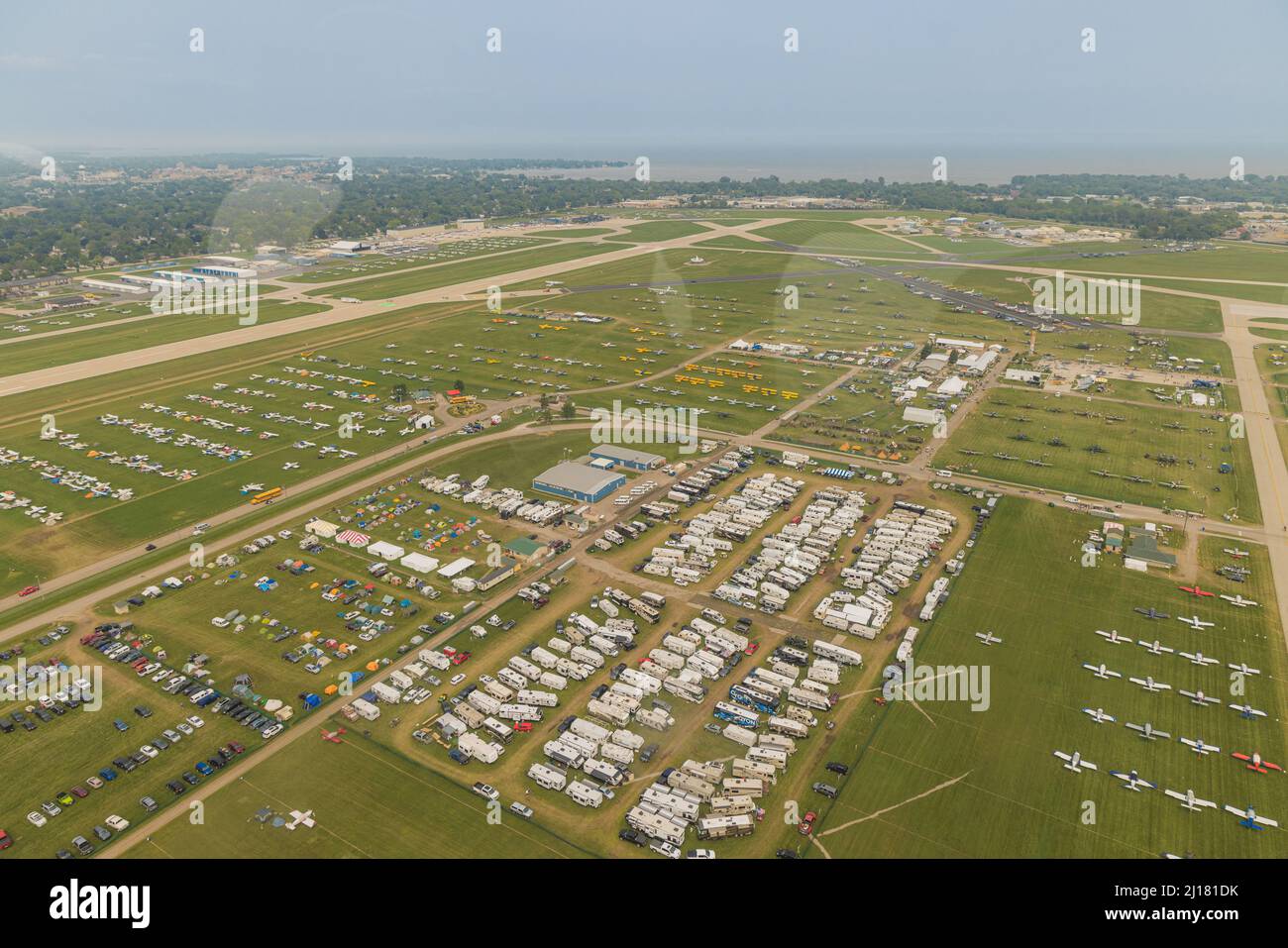 An aerial view of EAA Airventure grounds with planes and tents Stock ...