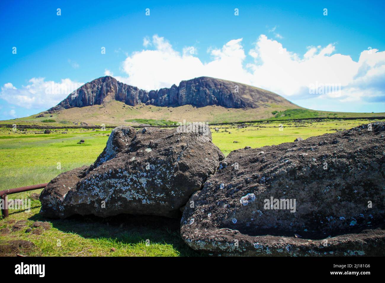 A view of Easter Island with Moai monolithic human figure in background ...