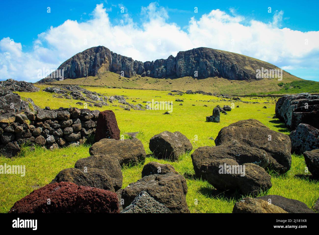 A view of Easter Island with Moai monolithic human figures in ...