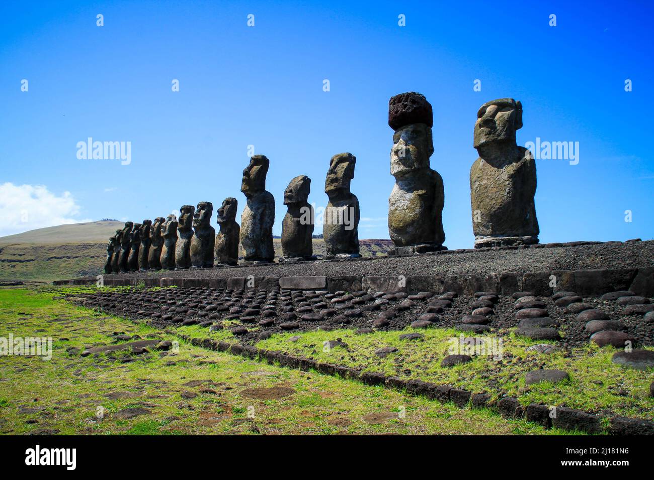 A view of Moai monolithic whole-body human figures in Easter Island ...