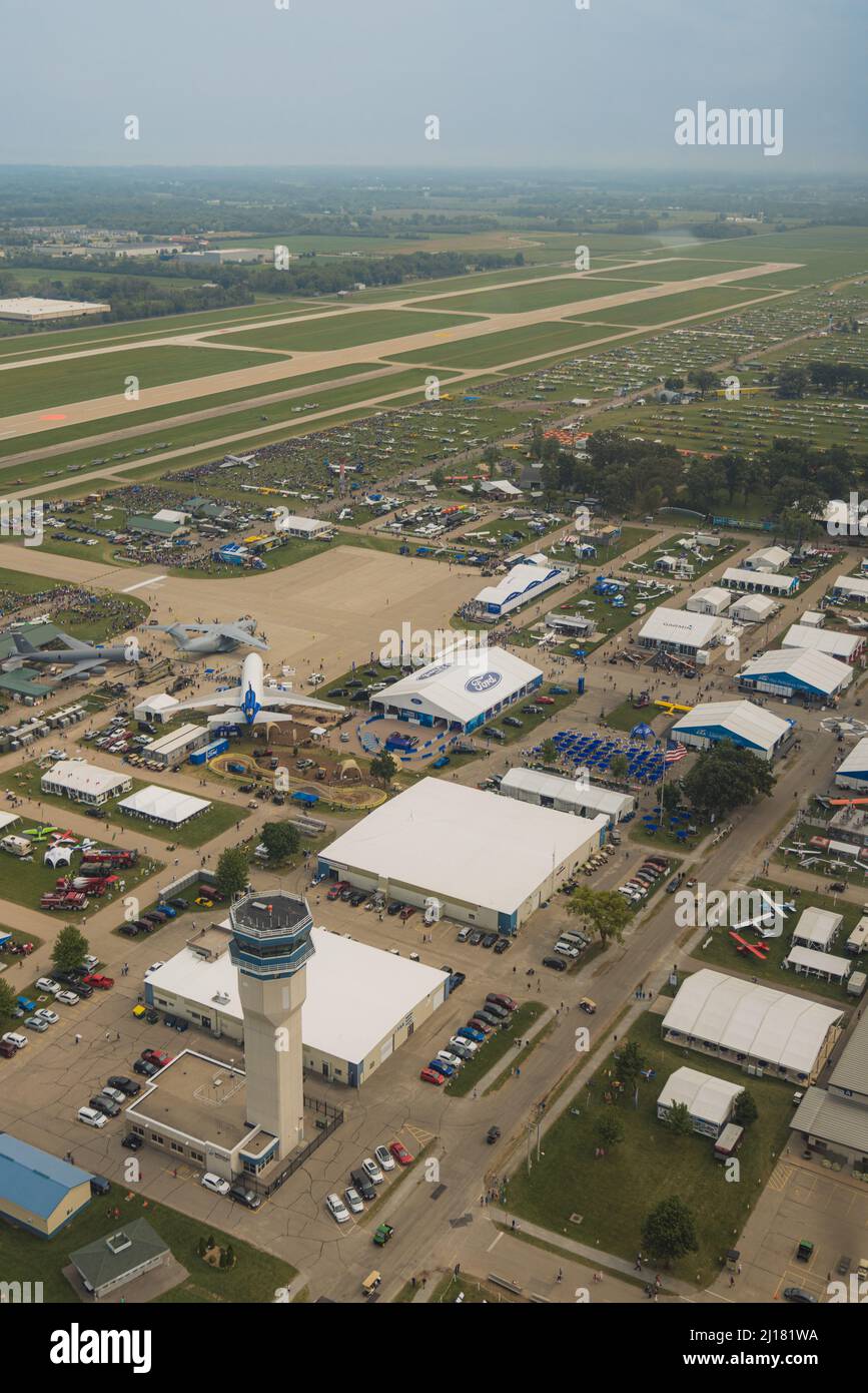 An aerial view of EAA Airventure grounds with planes and tents Stock ...