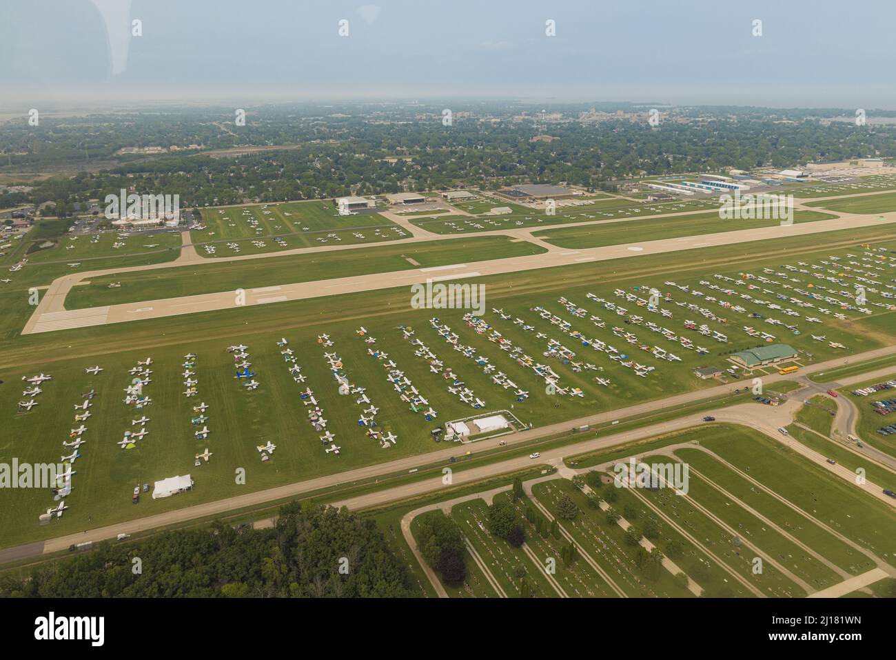 An aerial view of EAA Airventure grounds with planes and tents Stock ...