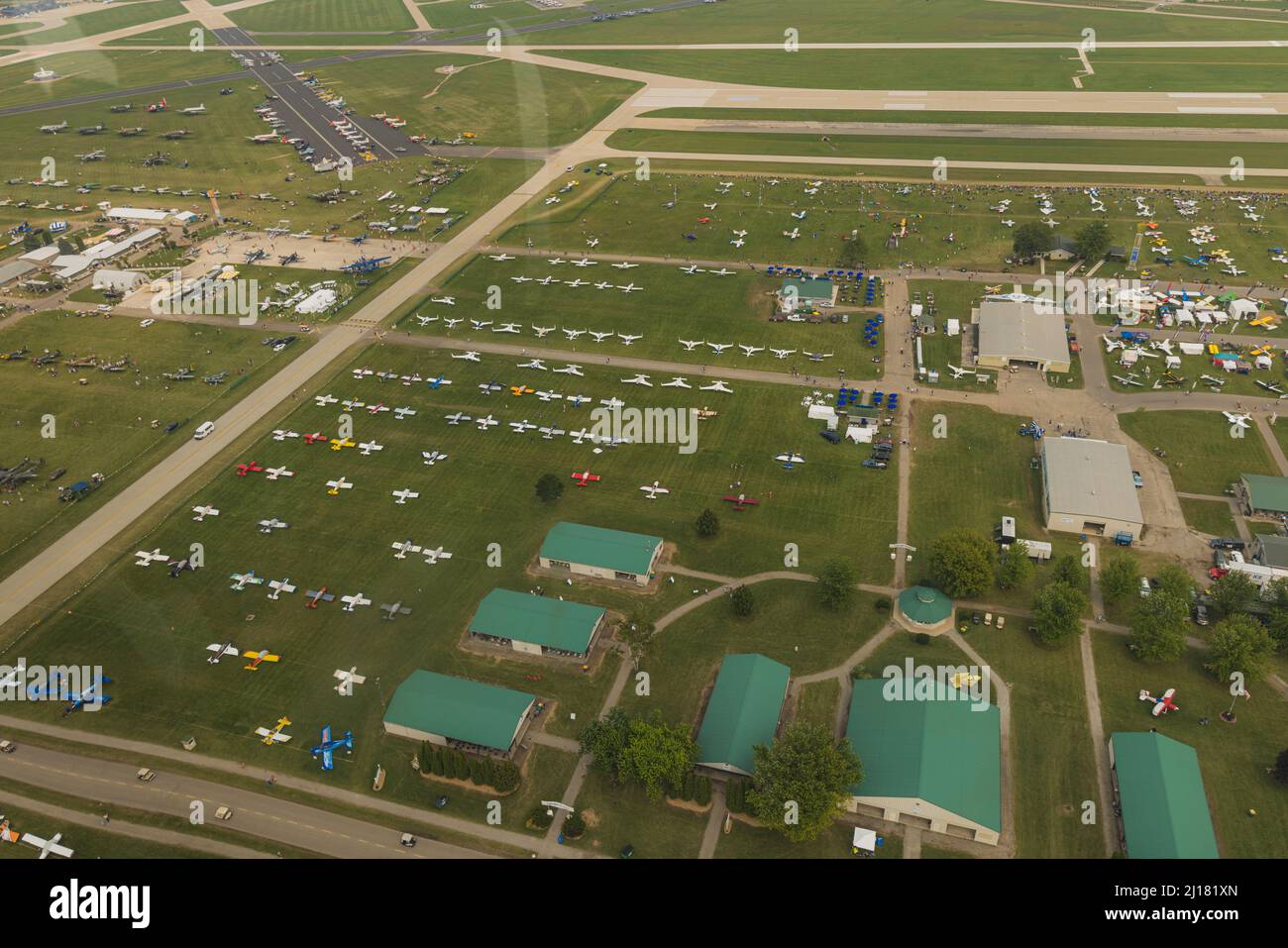 An aerial view of EAA Airventure grounds with planes and tents Stock ...