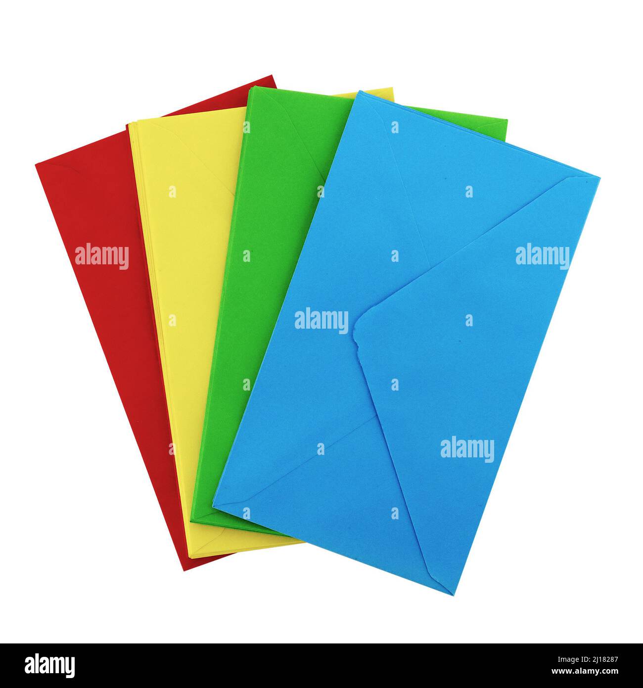 Stack of colored envelopes isolated on white. Top view Stock Photo - Alamy