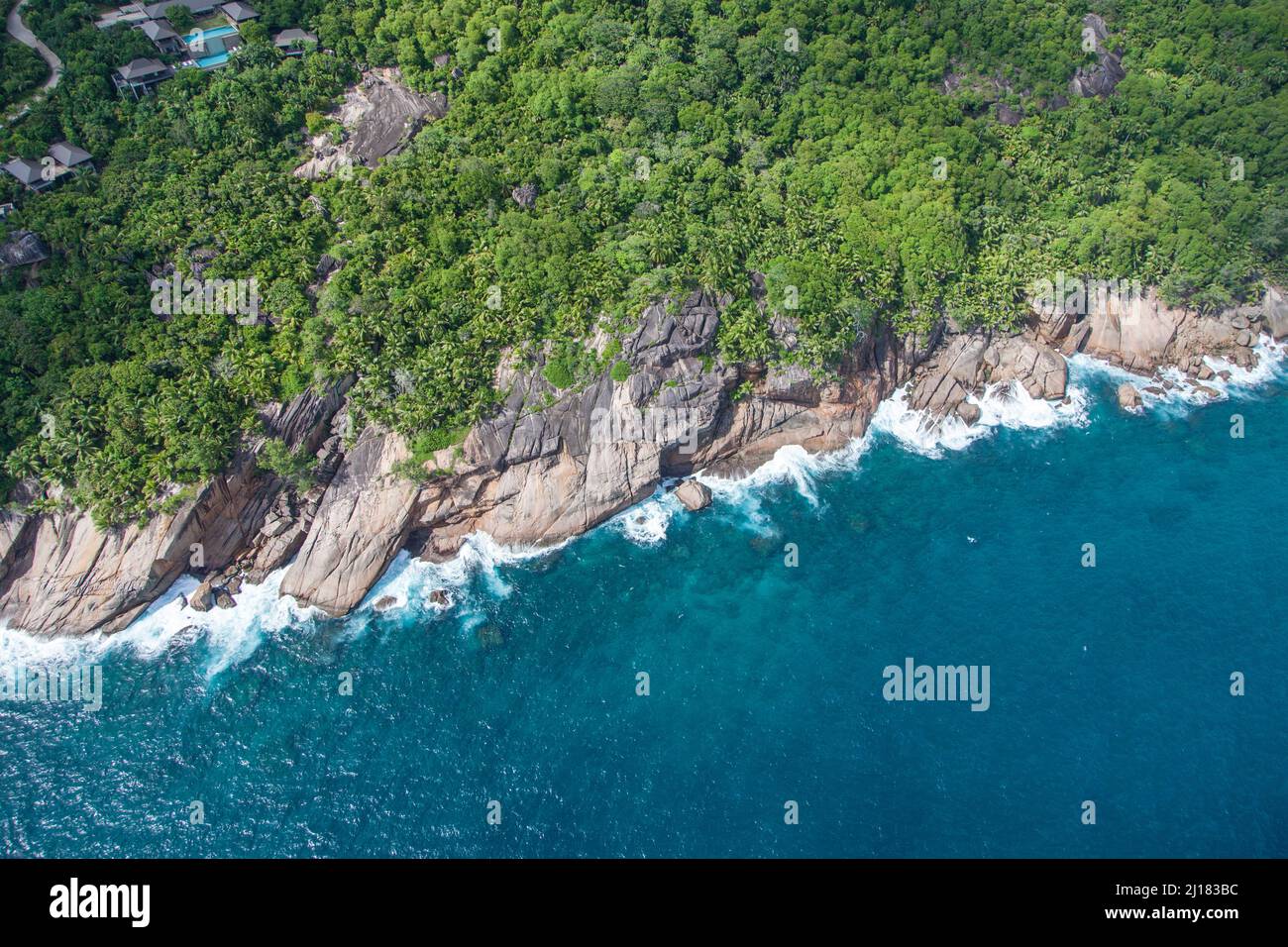 Aerial view of rock coastal line on Mahe Island, Seychelles. Tropical ...