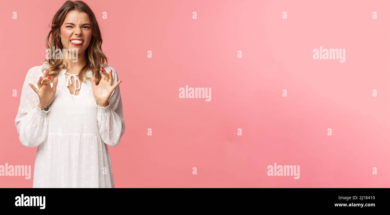 Portrait of girl cringe as telling friend disgusting awful story of her ...