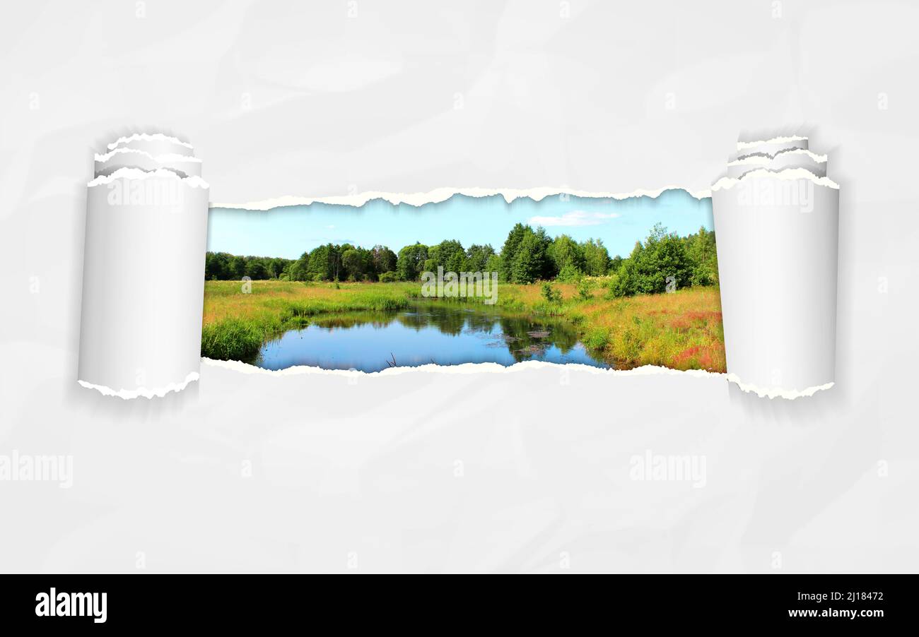 Torn paper with summer landscape in opening background Stock Photo - Alamy