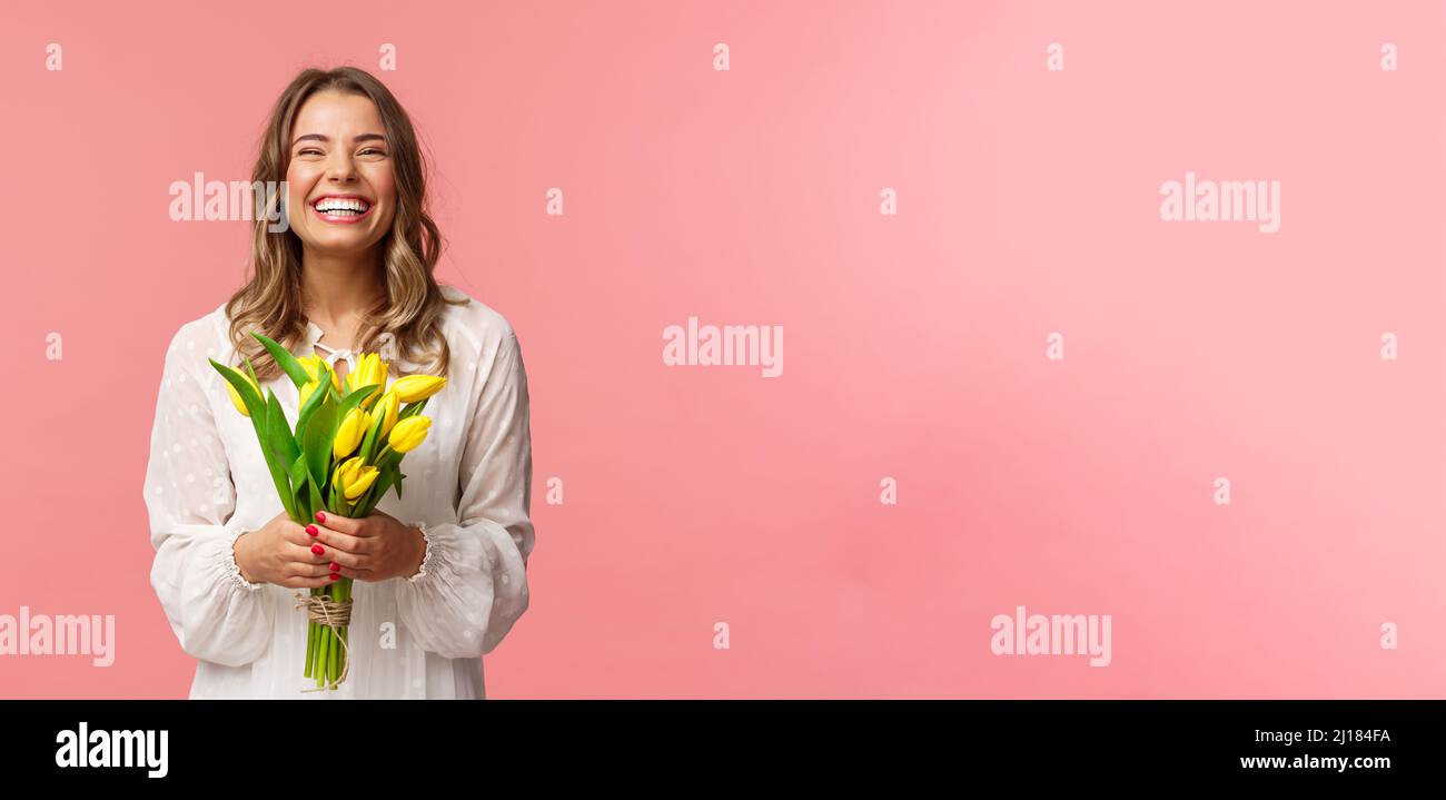Holidays, beauty and spring concept. Portrait of happy excited charming ...