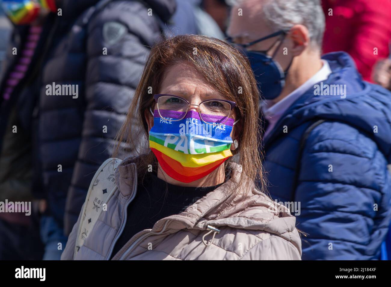 Workers of Whirlpool plant in Naples wear a mask with the colors of ...