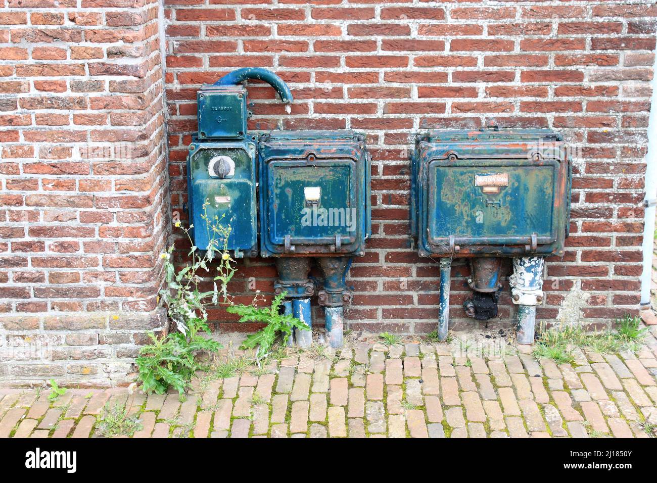 old weathered green power boxes in front of a red brick wall overgrown ...