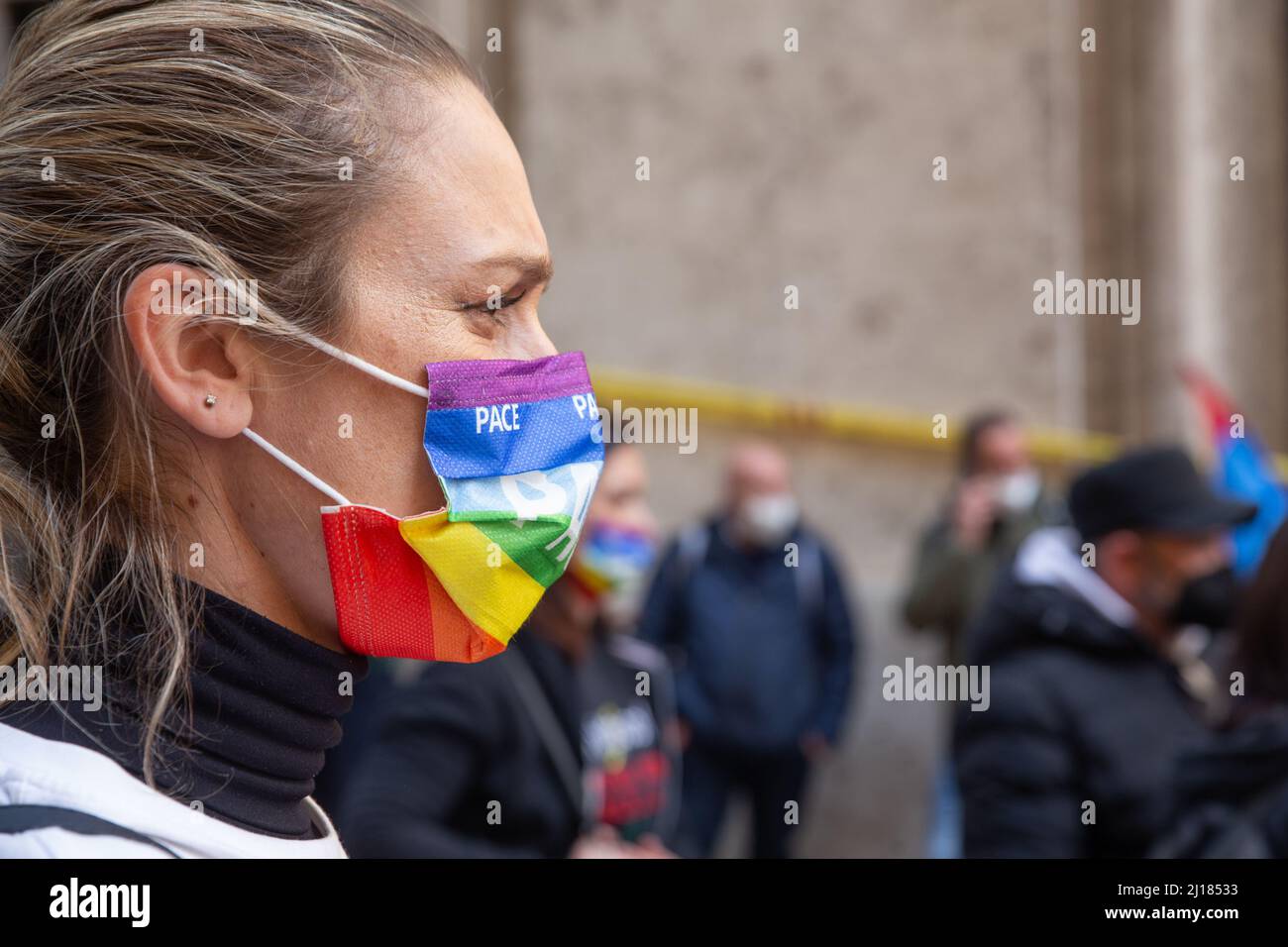 Rome, Italy. 23rd Mar, 2022. Workers of Whirlpool plant in Naples wear ...