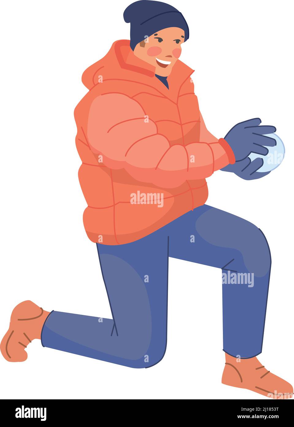 Man with snowball. Happy smiling guy playing winter game isolated on ...