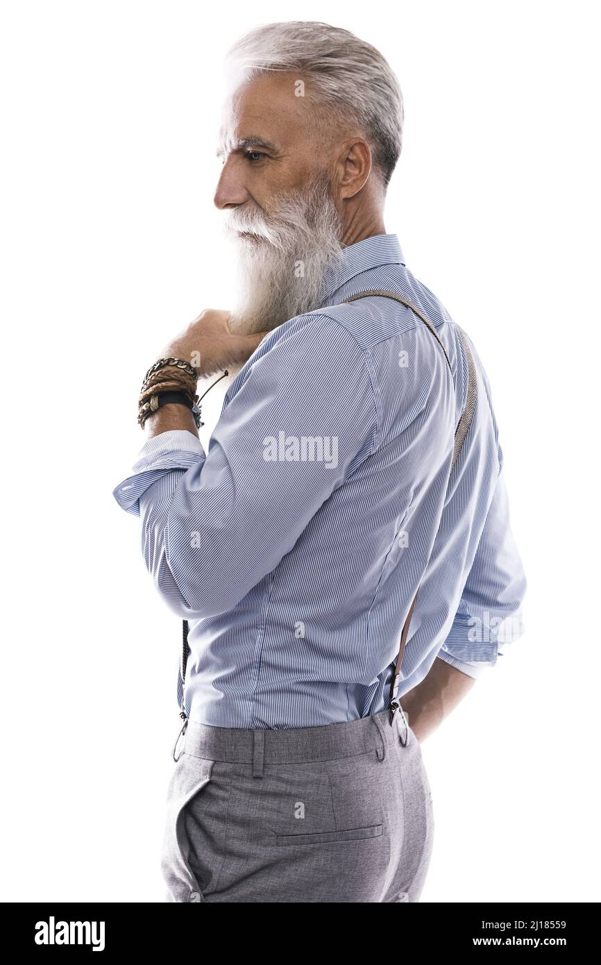 Handsome aged male model posing on white background Stock Photo - Alamy