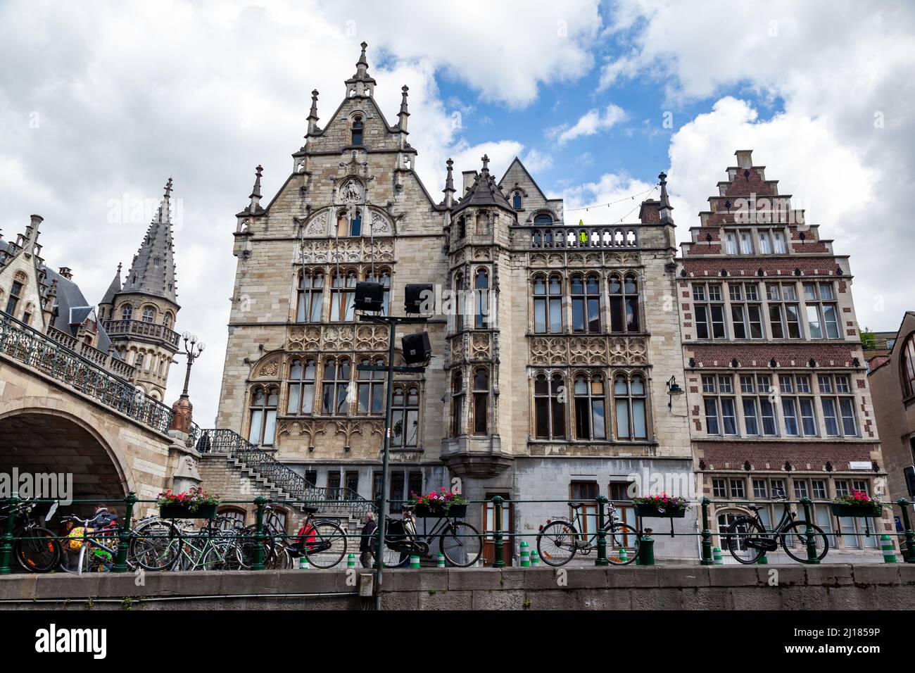 The historical Flemish houses on the water canals of Ghent, Belgium ...