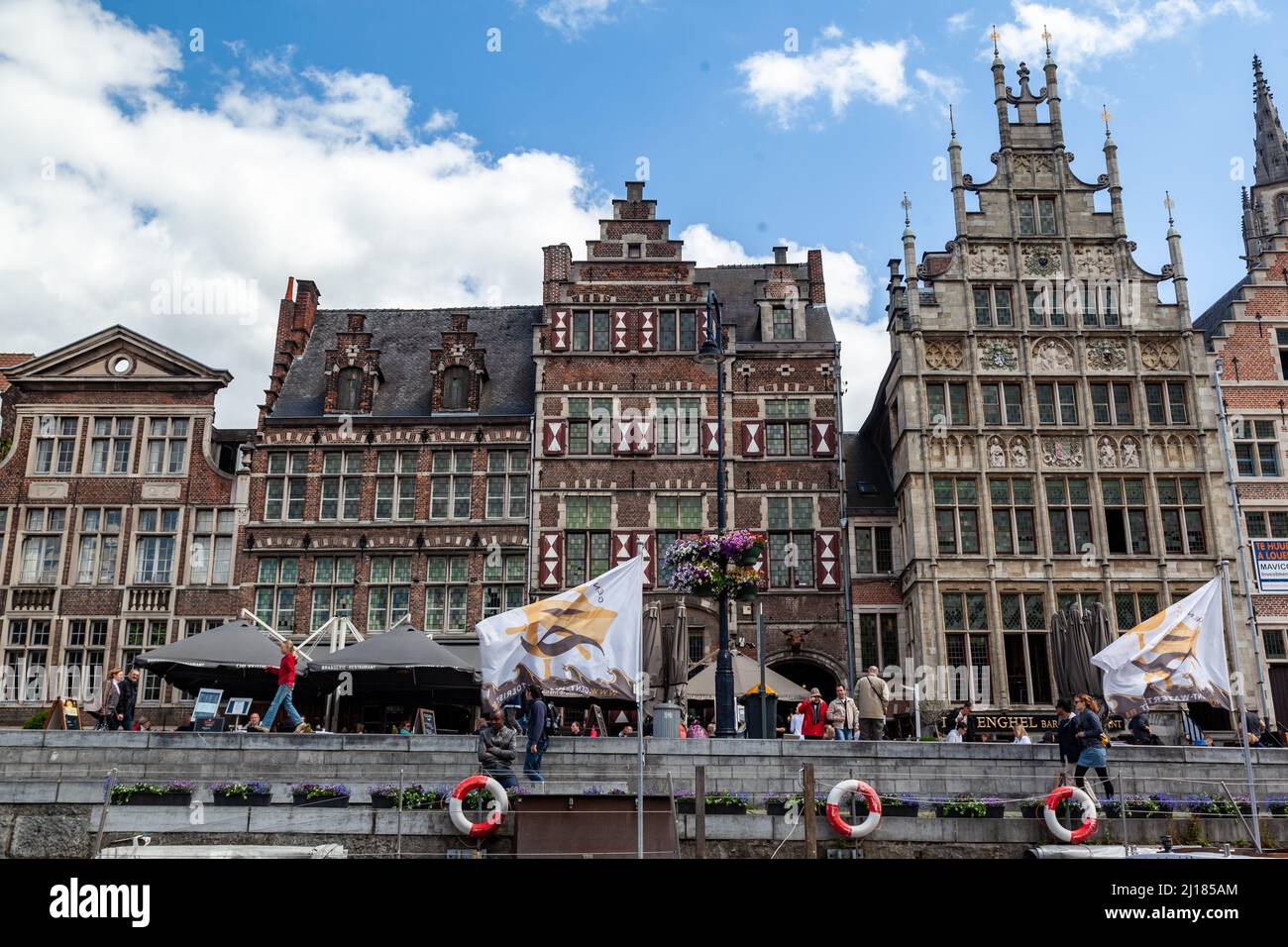 The historical Flemish houses on the water canals of Ghent, Belgium ...