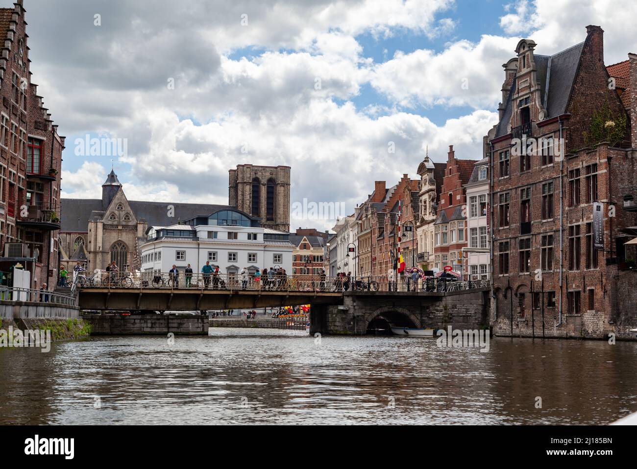 The historical Flemish houses on the water canals of Ghent, Belgium ...