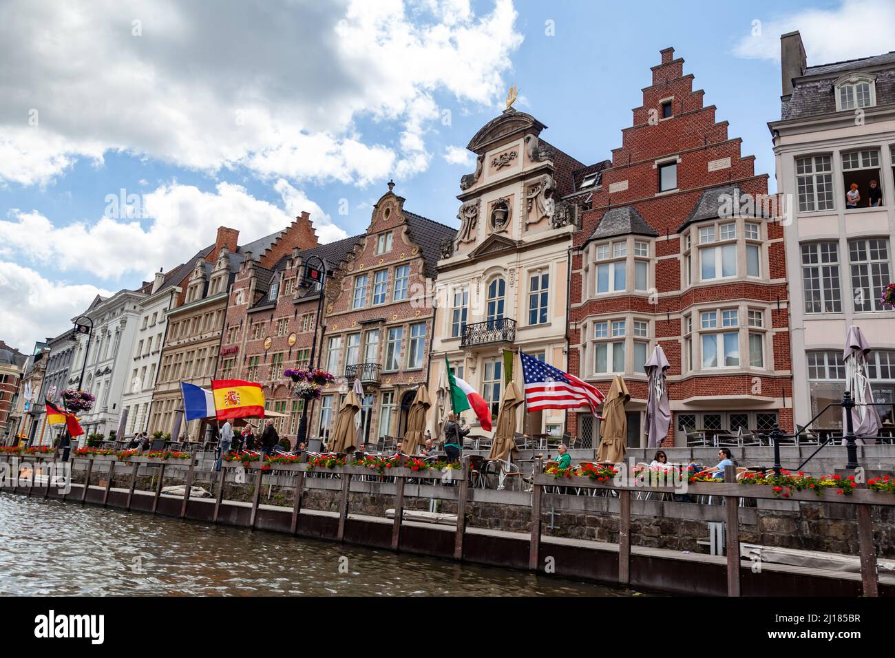 The historical Flemish houses on the water canals of Ghent, Belgium ...