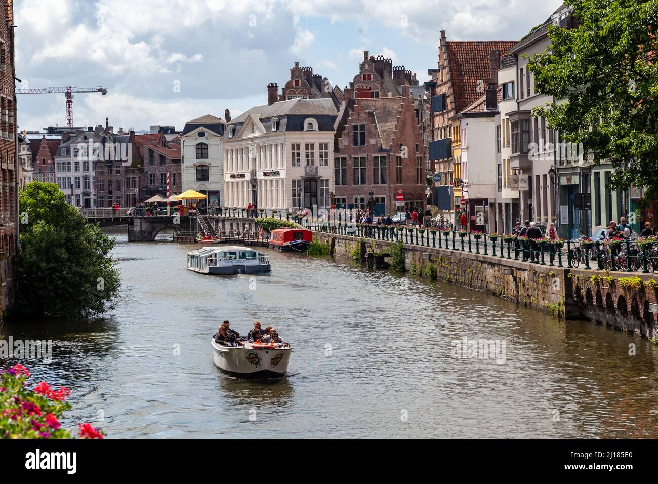 The historical Flemish houses on the water canals of Ghent, Belgium ...