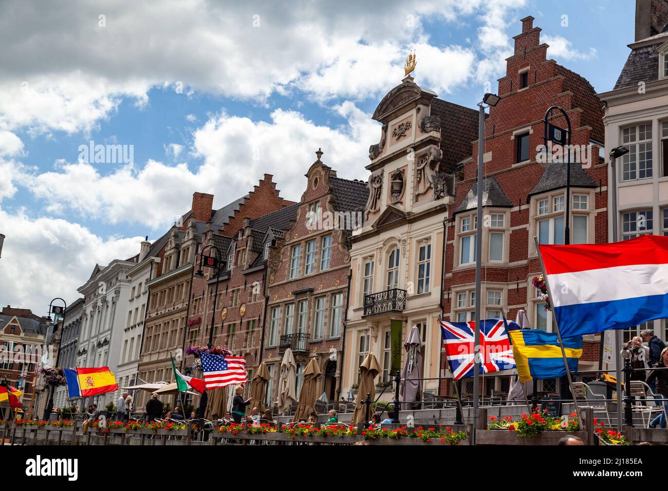 The historical flemish houses on the water canals of Ghent, Belgium ...