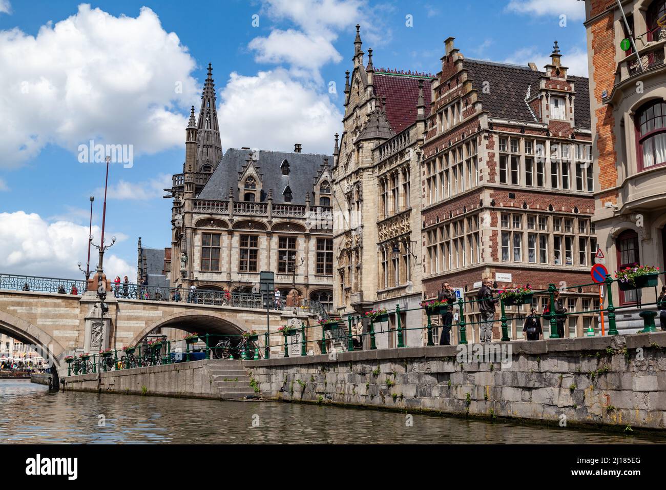 The historical Flemish houses on the water canals of Ghent, Belgium ...