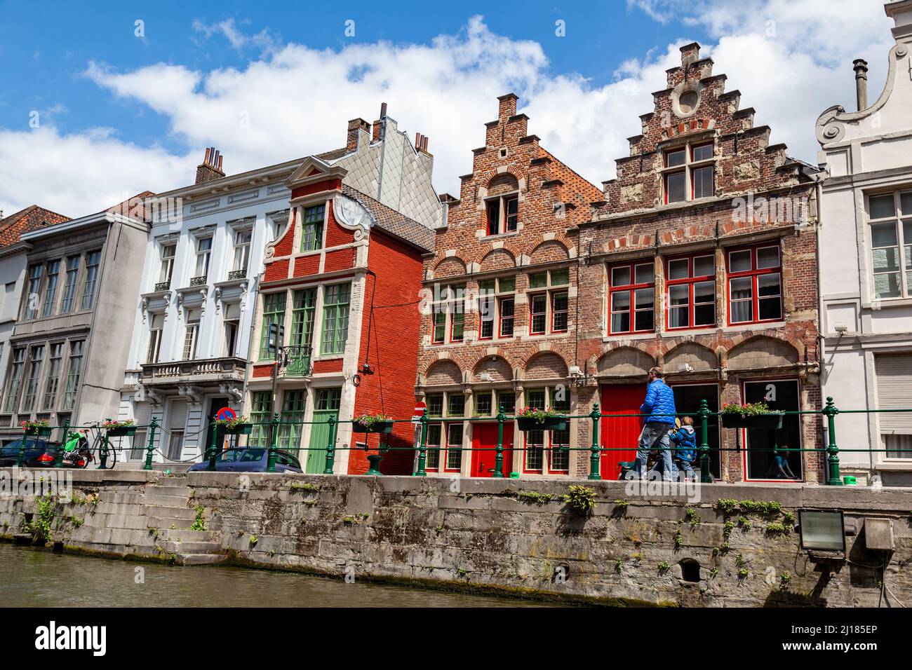 The historical Flemish houses on the water canals of Ghent, Belgium ...