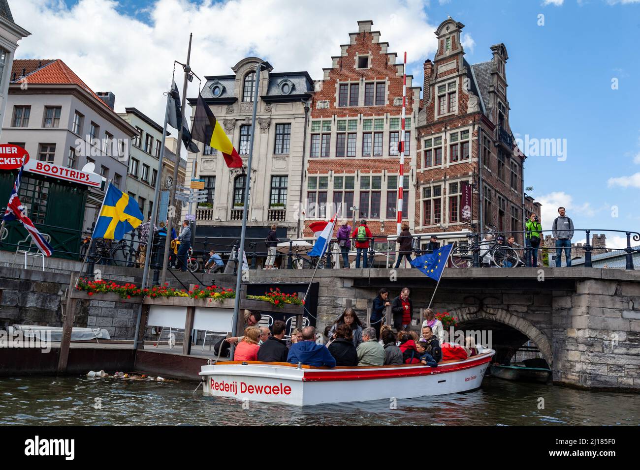 The historical Flemish houses on the water canals of Ghent, Belgium ...