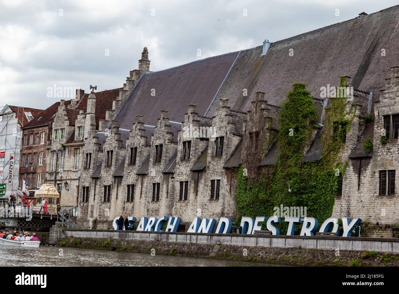 The historical Flemish houses on the water canals of Ghent, Belgium ...