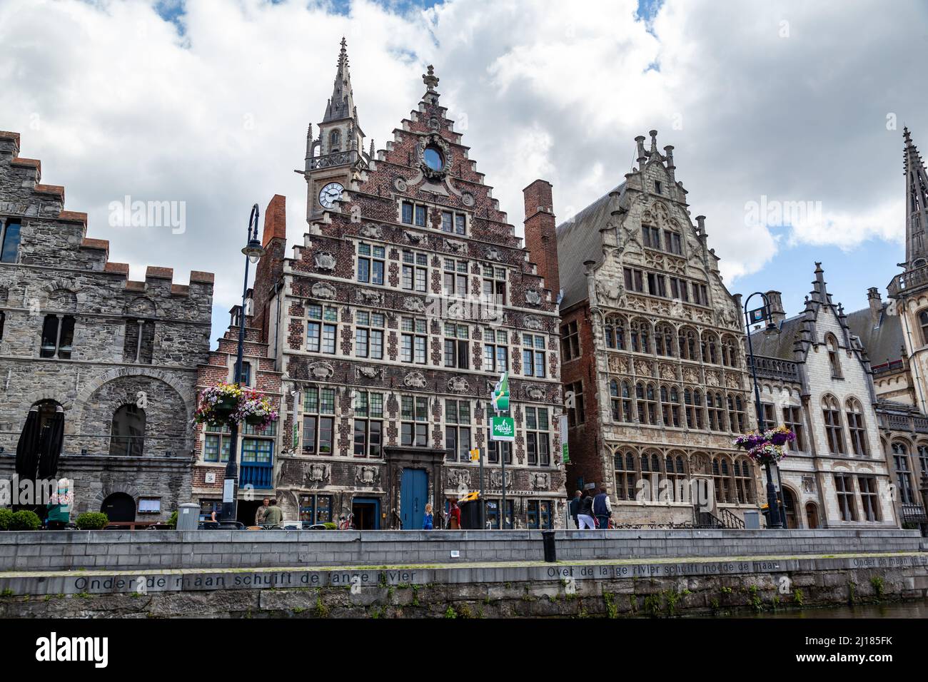 The historical Flemish houses on the water canals of Ghent, Belgium ...