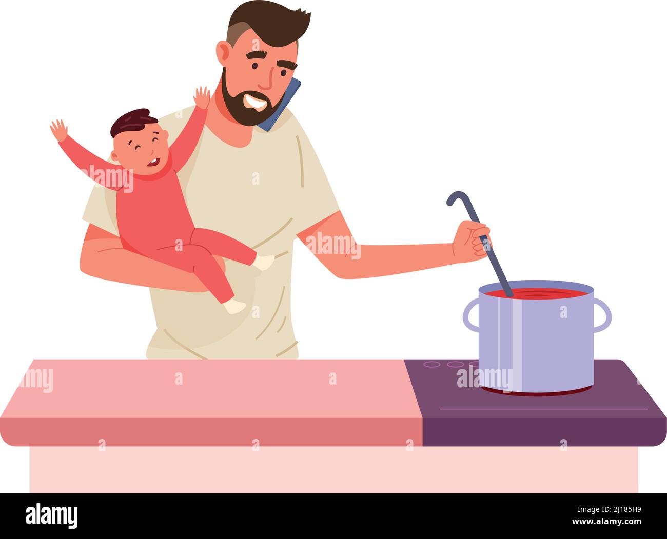 Man holding baby and cooking soup. Multitasking dad isolated on white ...
