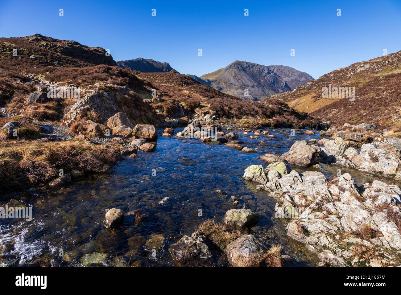 The clear waters of Warnscale Beck flowing into the Buttermere lake ...