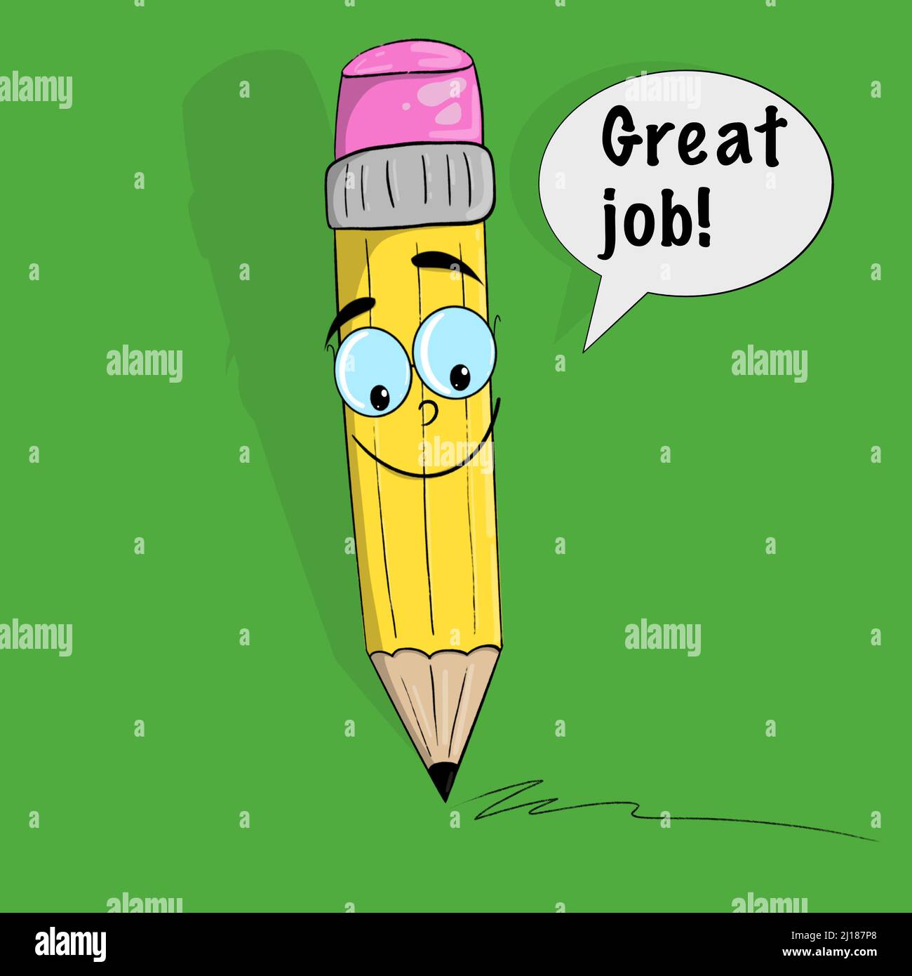 cartoon pencil illustration with copy space and speech bubble saying ...