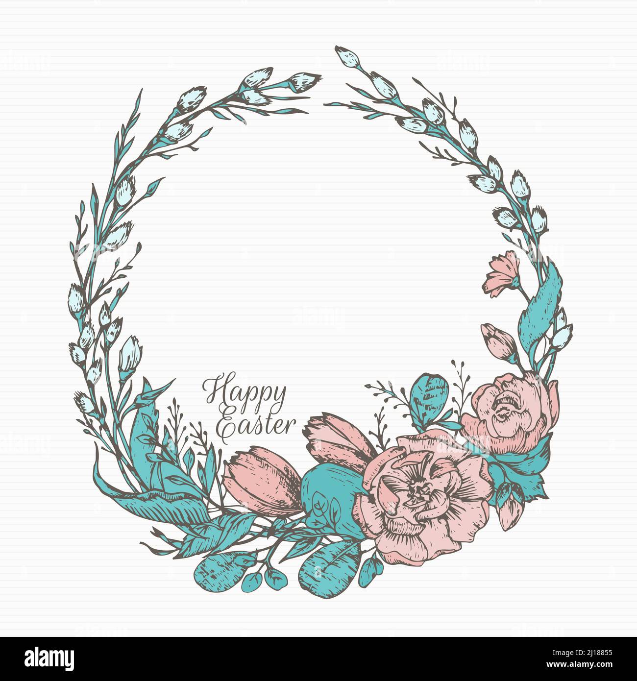 Hand Drawn Easter Flowers Wreath Color Vector Illustration. Willow ...