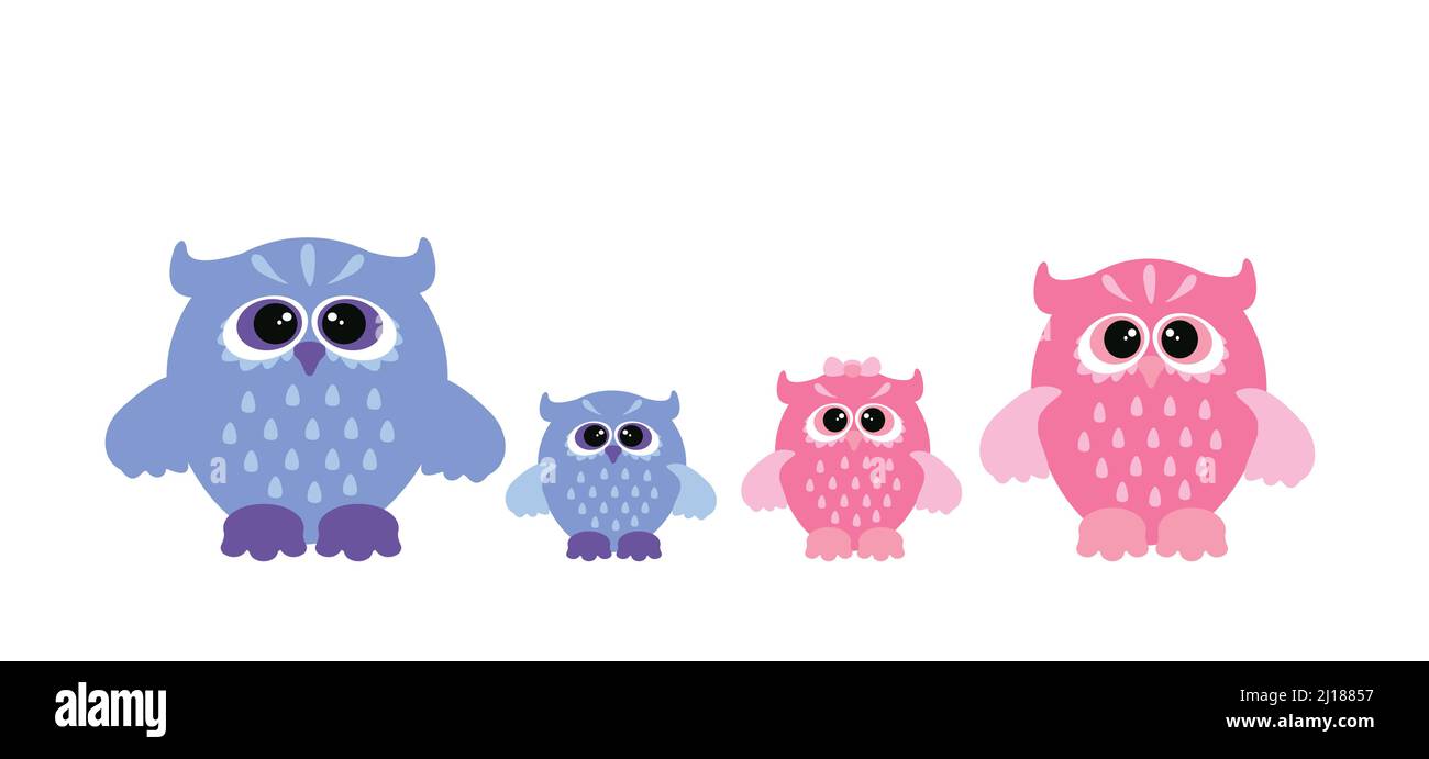 Vector cute owl family. Four owls - mother, father, son and daughter ...