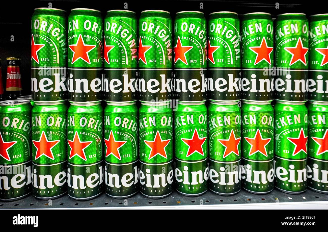 Samara, Russia - March 12, 2022: Heineken alcoholic canned beer ready ...