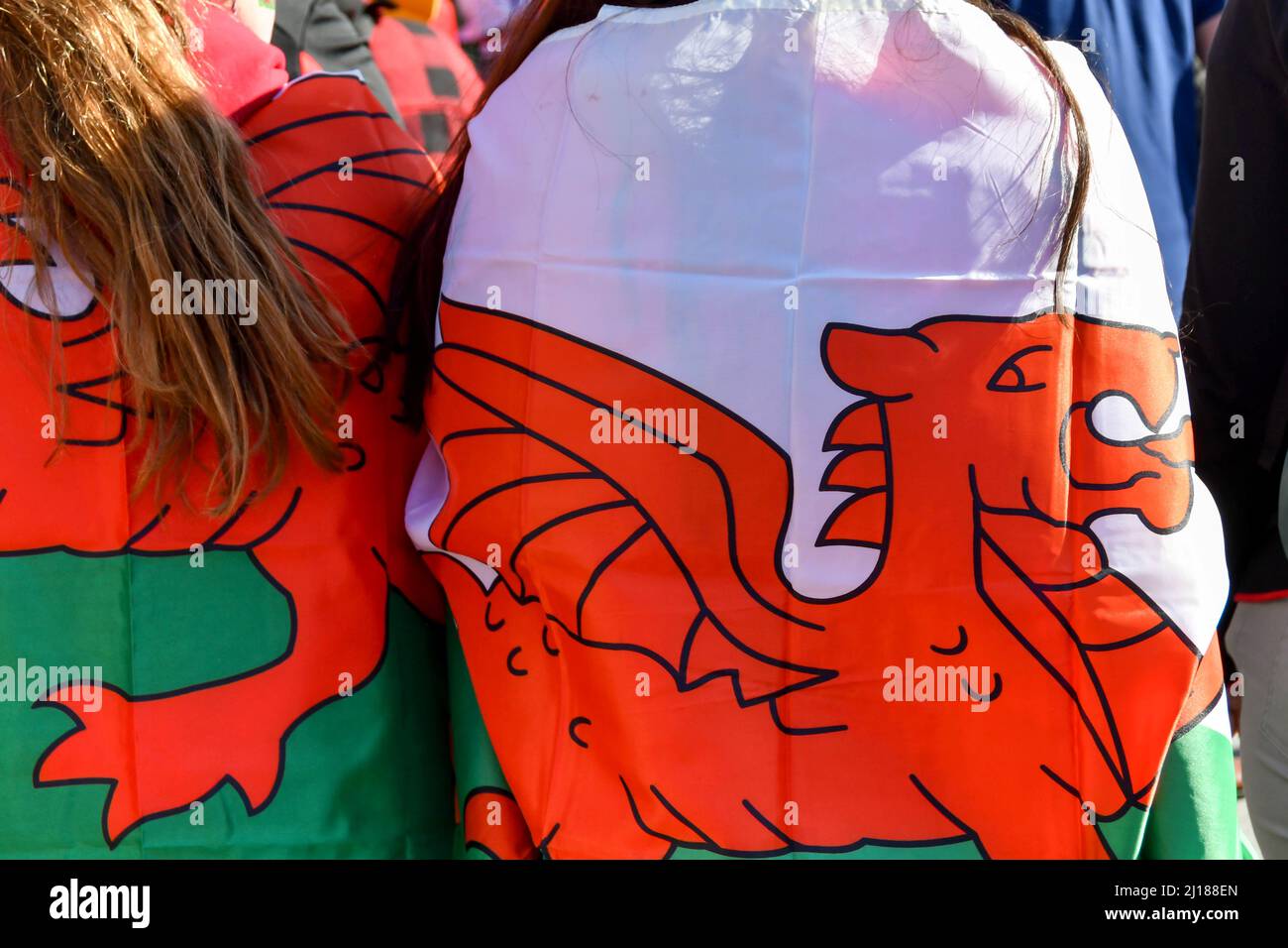 Cardiff, Wales - March 2022: Rugby fans wearing Welsh flags around ...