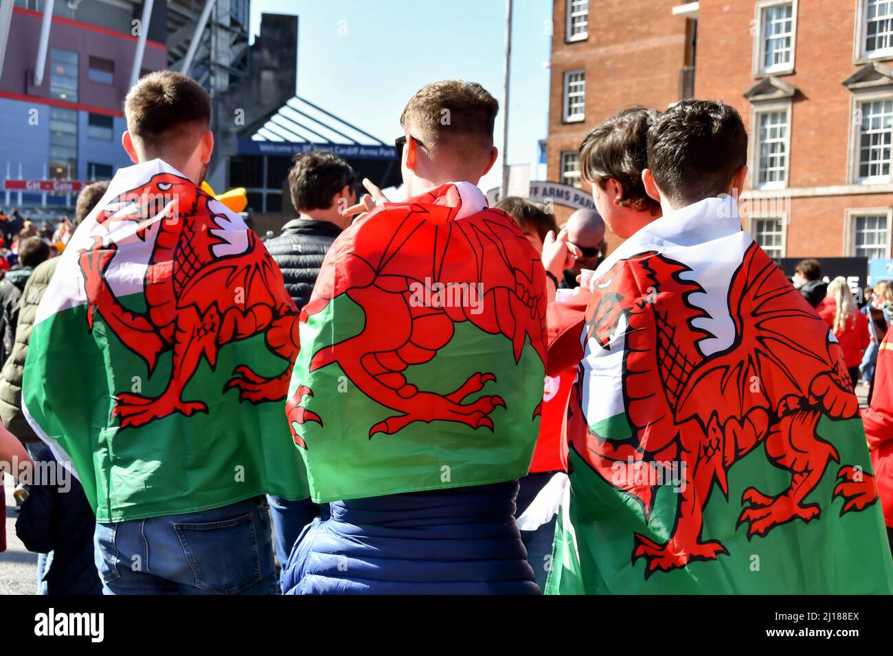 Cardiff, Wales - March 2022: Rugby fans wearing Welsh flags around ...