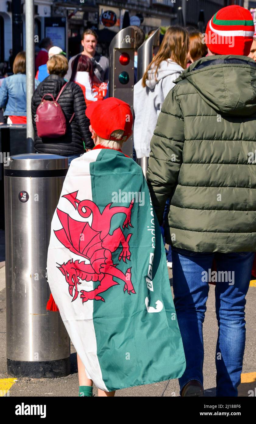 Cardiff, Wales - March 2022: Young welsh rugby fan with a Welsh flag ...