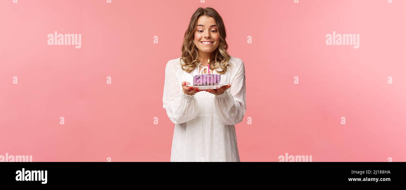 Holidays Spring And Party Concept Portrait Of Dreamy Happy Birthday Girl Feeling Excitement