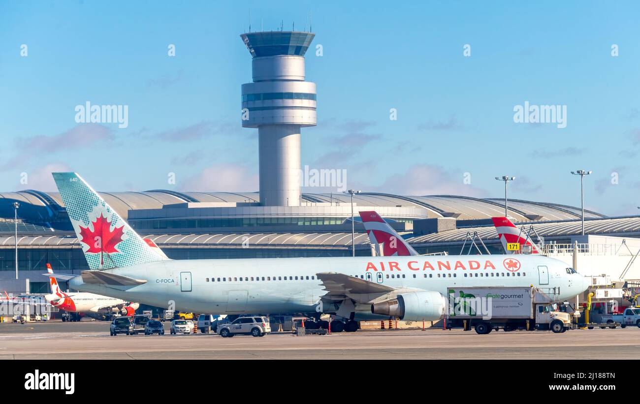 An Air Canada plane is seen in the boarding area of Pearson ...