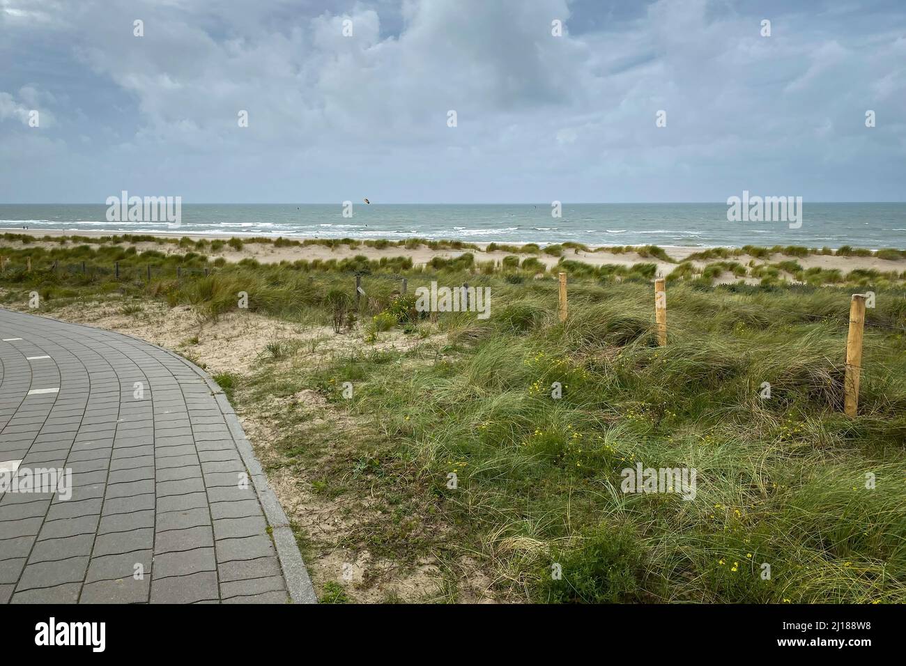 Scenic view of North Sea beach, dunes and cycle path in Kijkduin, the ...