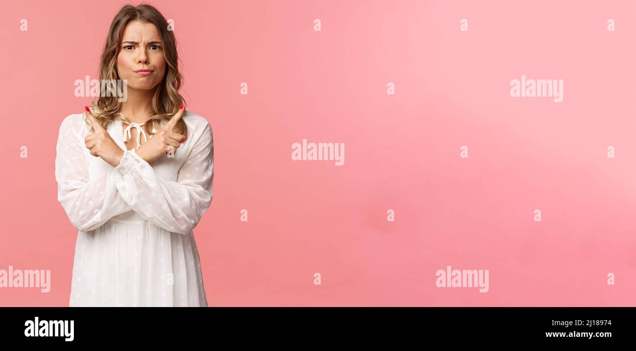 Beauty, fashion and women concept. Portrait of troubled blond girl in ...