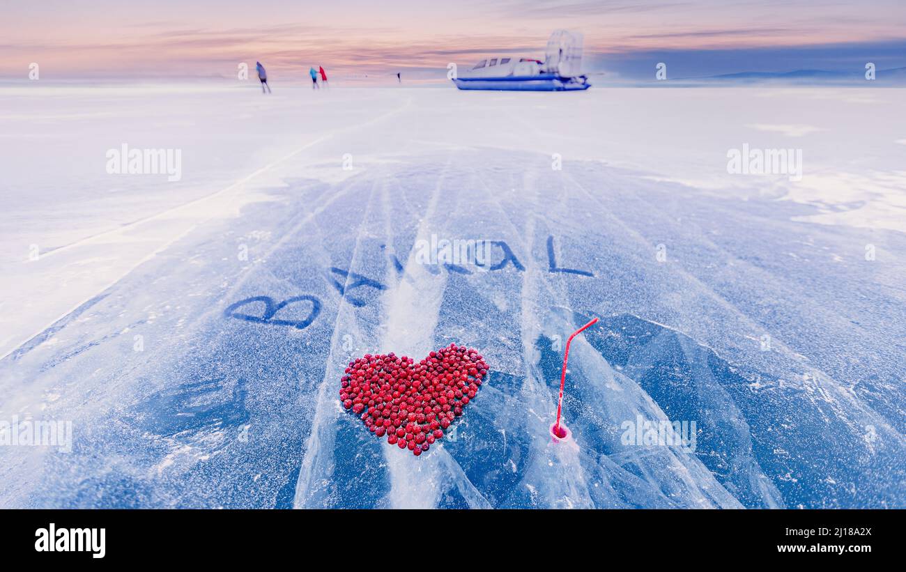 Cocktail drink winter ice kiss of Lake Baikal with cranberry heart ...