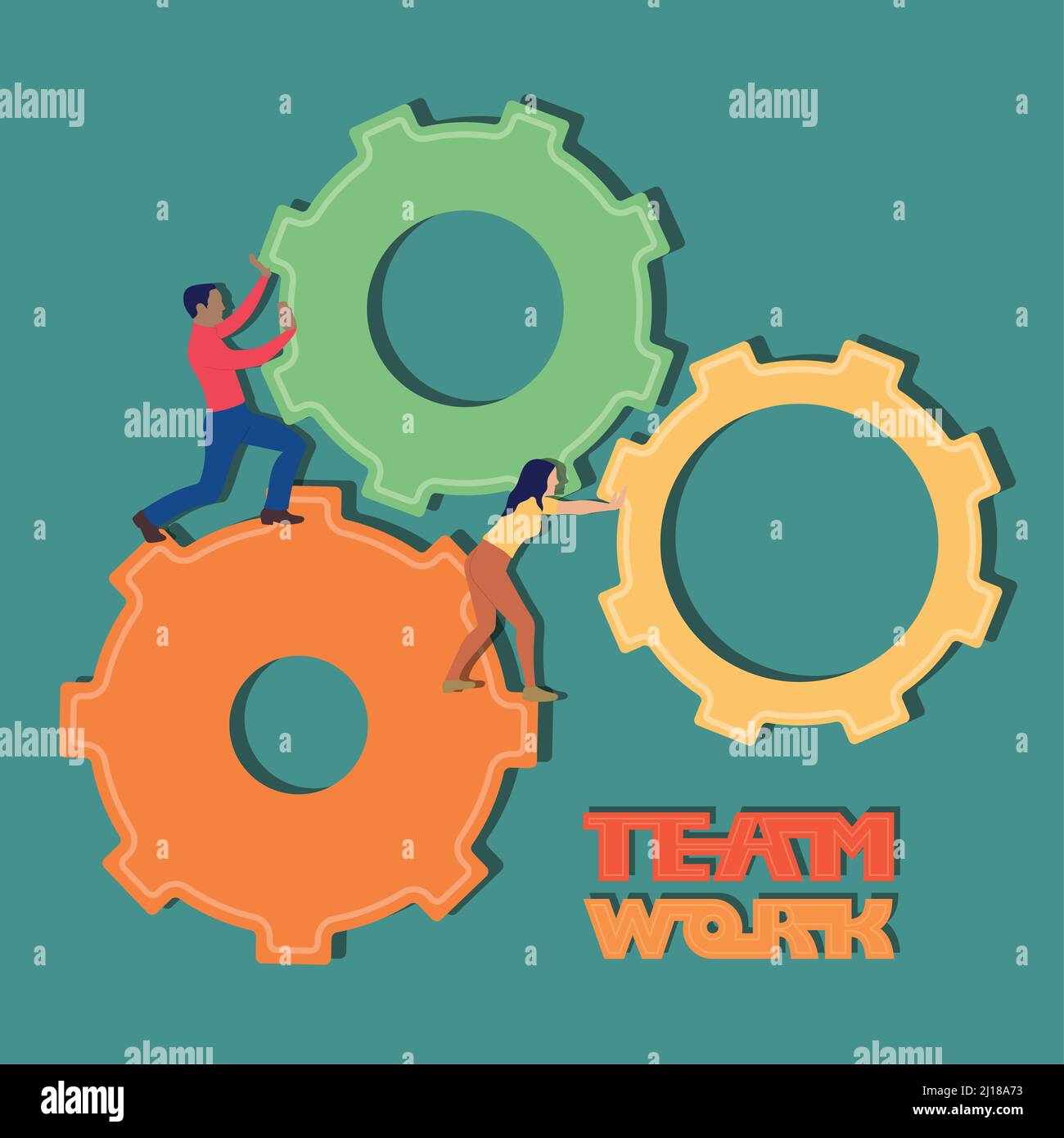 Man and woman pushing some gear pieces Teamwork business concept Vector ...