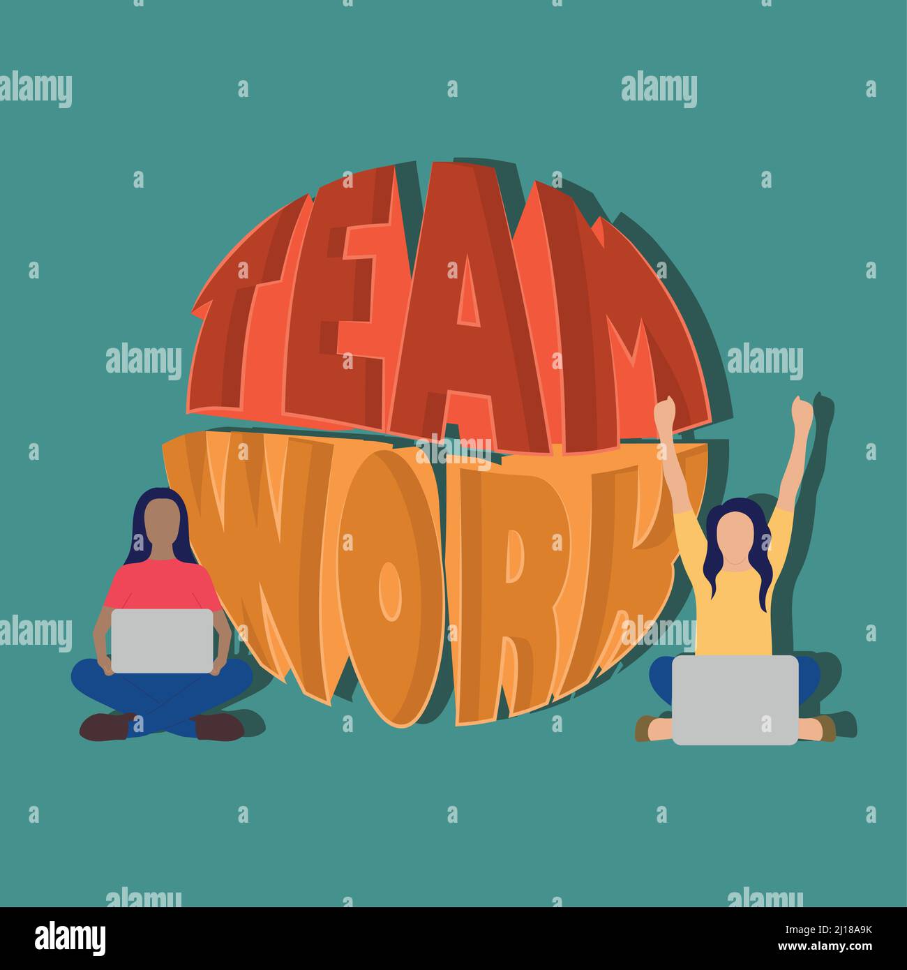 Pair of girls working together via internet Teamwork concept Vector ...