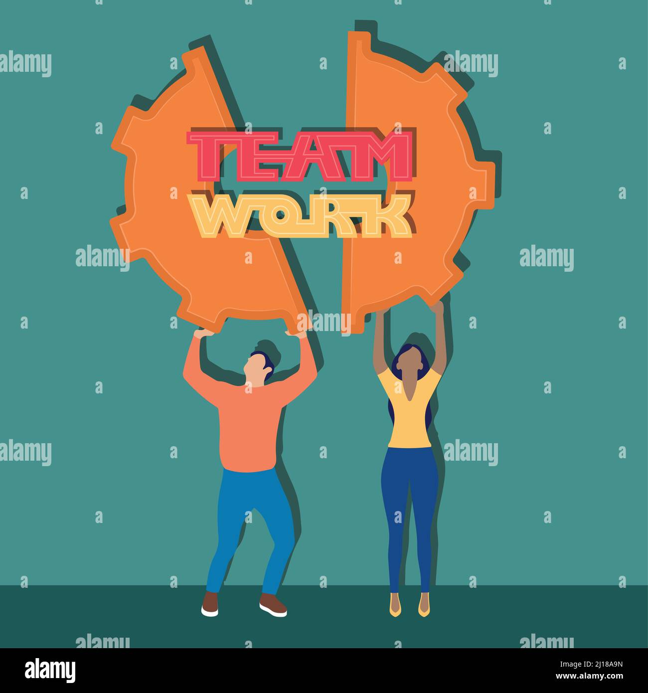 Boy and girl carrying a piece of gear Teamwork concept Vector Stock ...