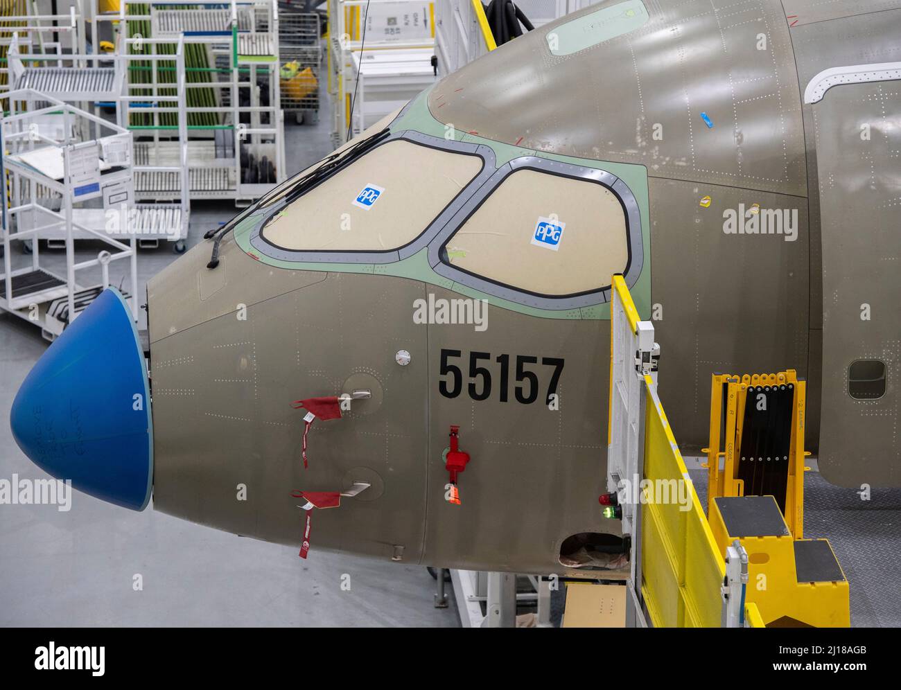 An Airbus A220 plane at the Airbus Canada LP assembly site in Mirabel ...